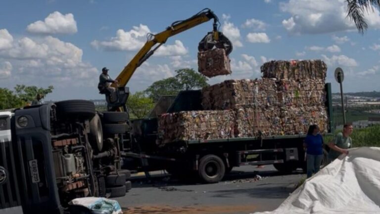 Caminhão carregado com papelão reciclável tomba em rotatória de ...